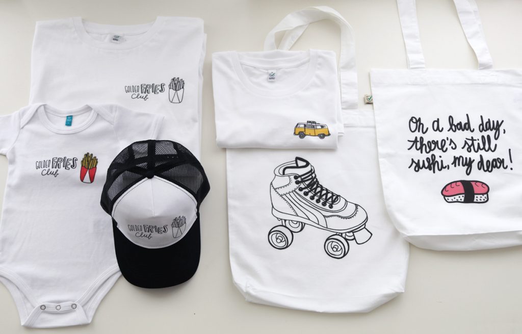 My illustrations and letterings on textiles via Spreadshirt